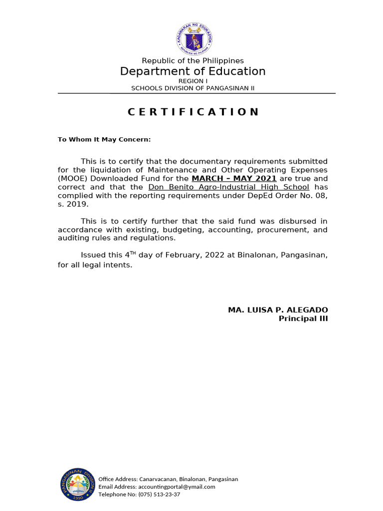 Certification Format MOOE Certification | PDF