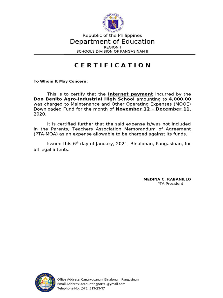 Certification Format PTA Certification | PDF
