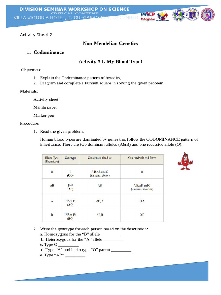 Codominance in Blood Types Worksheet | PDF