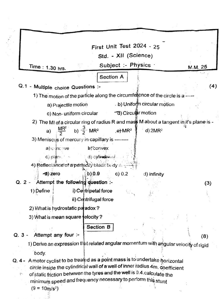 MH Board Class 12 Ut1 Science Physics 2025 PDF | PDF