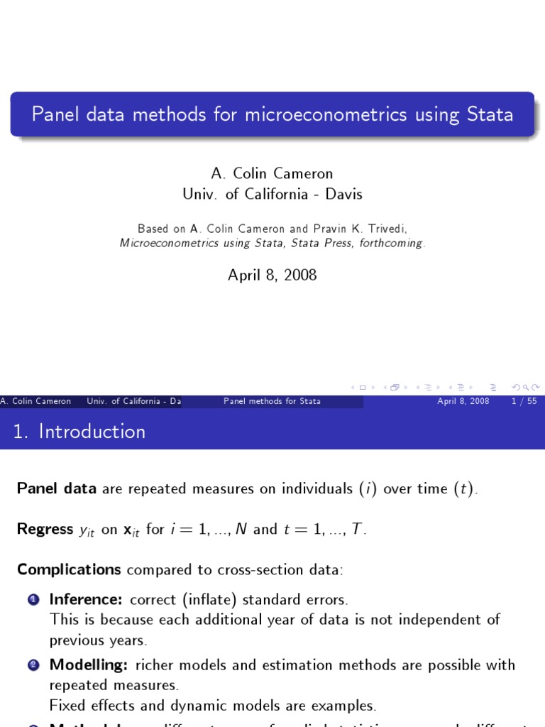 Panel Data Methods For Microeconometrics Using Stata: A. Colin Cameron Univ. of California ...
