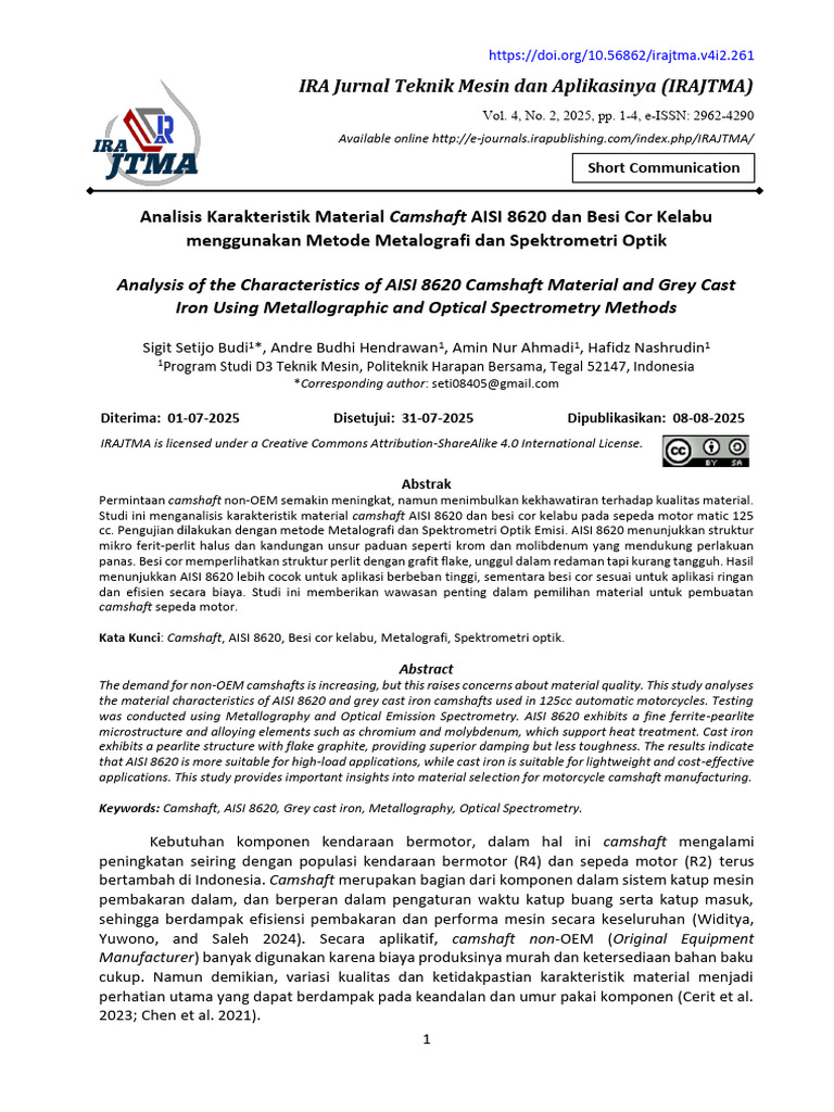 Analysis of The Characteristics of AISI 8620 Camshaft Material and Grey ...