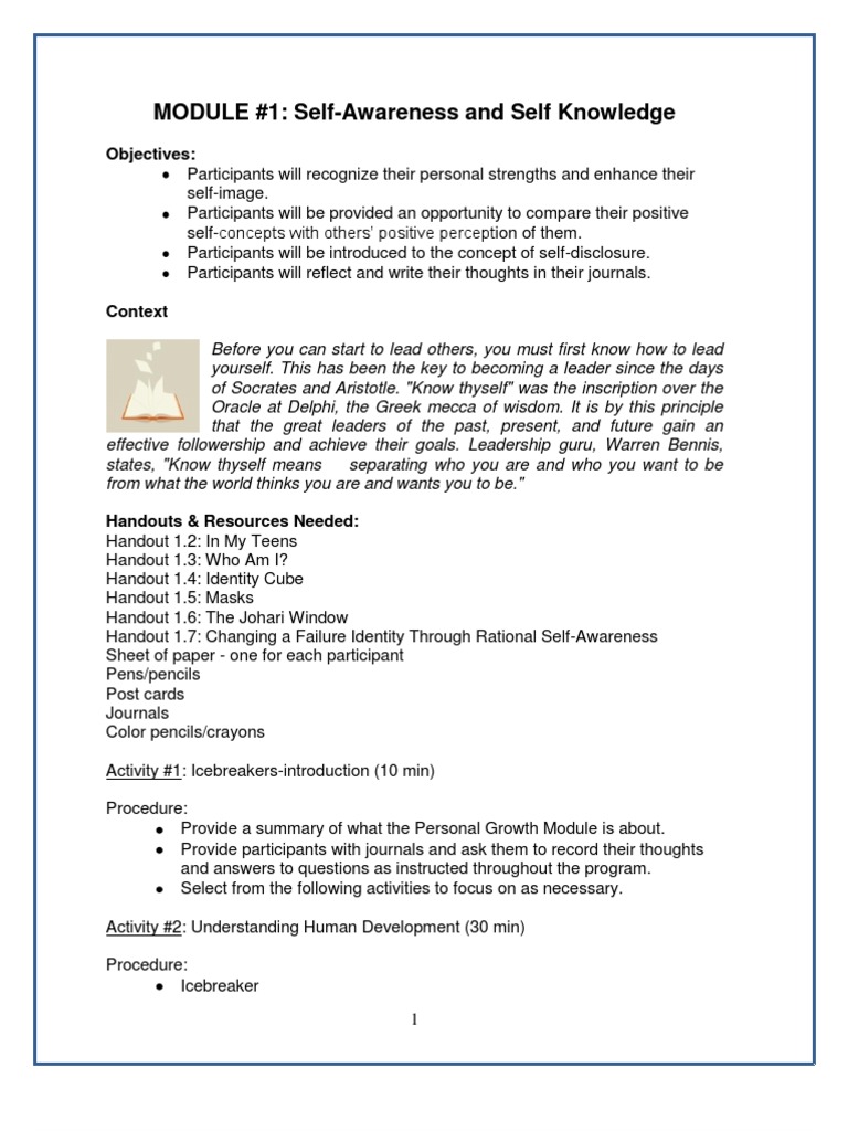 MODULE #1: Self-Awareness and Self Knowledge: Objectives | PDF | Self ...