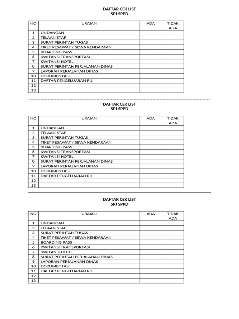 Cek List SPJ SPPD Lengkap dan Praktis | PDF
