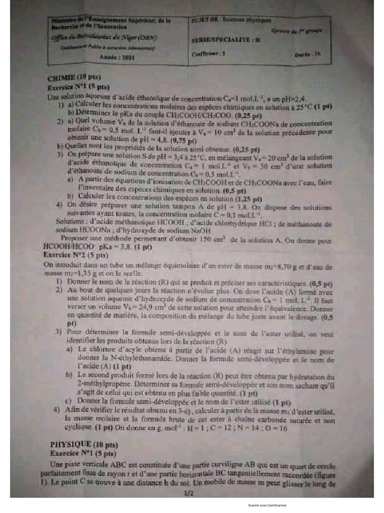 Énoncé + Corrigé Bac D PC 2021 Niger | PDF
