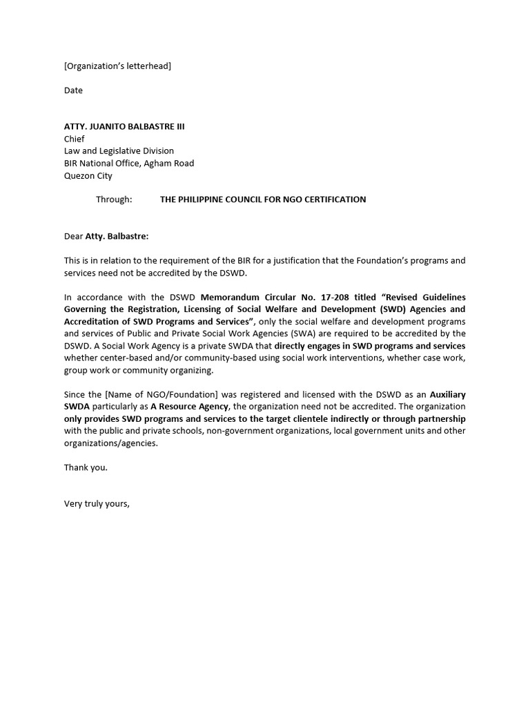Form 111 Sample Letter DSWD Accreditation Not Required | PDF