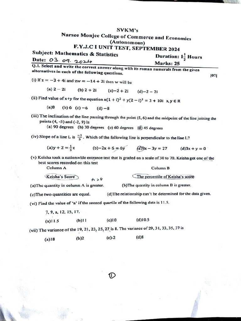 NM Unit Test 3 Sep 2024 | PDF | Descriptive Statistics