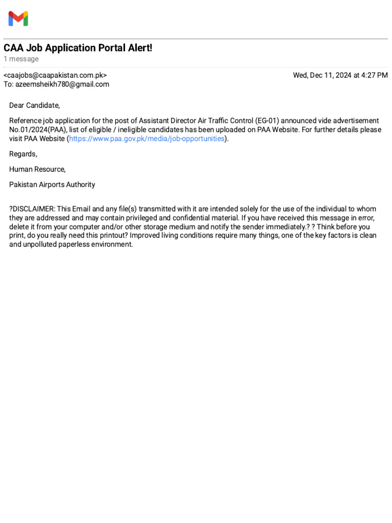 Gmail - CAA Job Application Portal Alert! | PDF