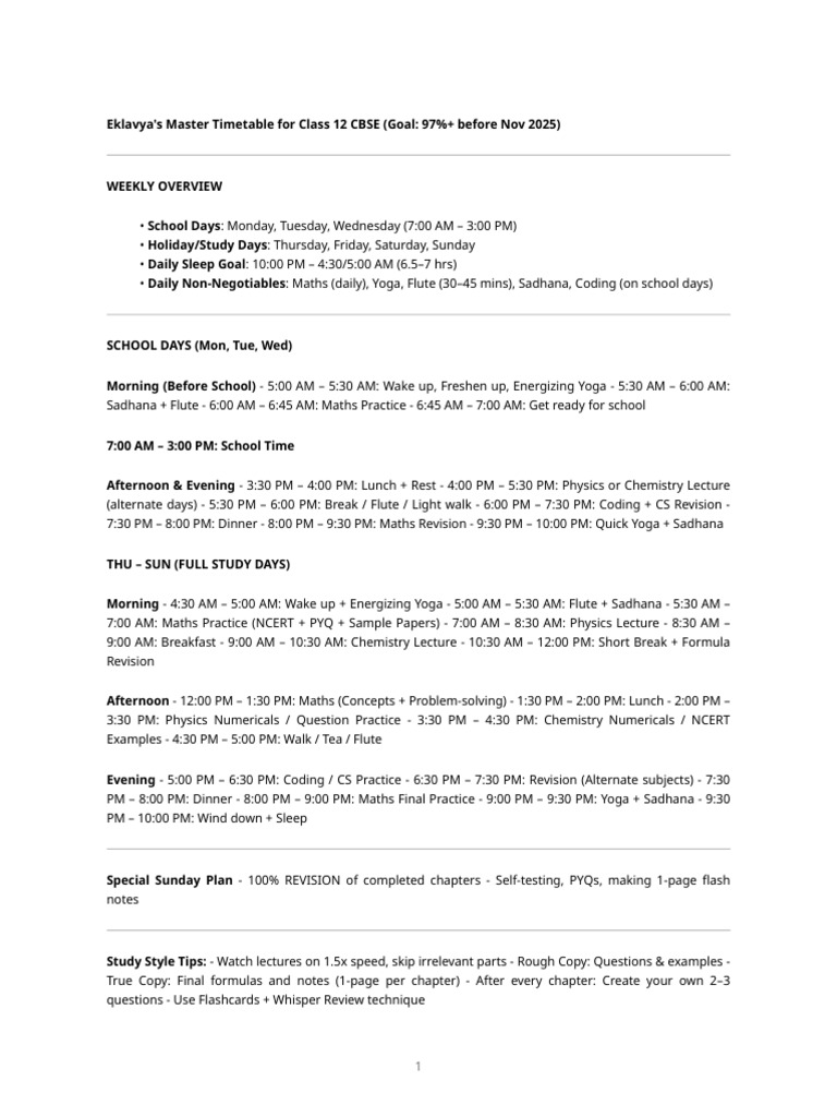 Class 12 Study Timetable for Success | PDF