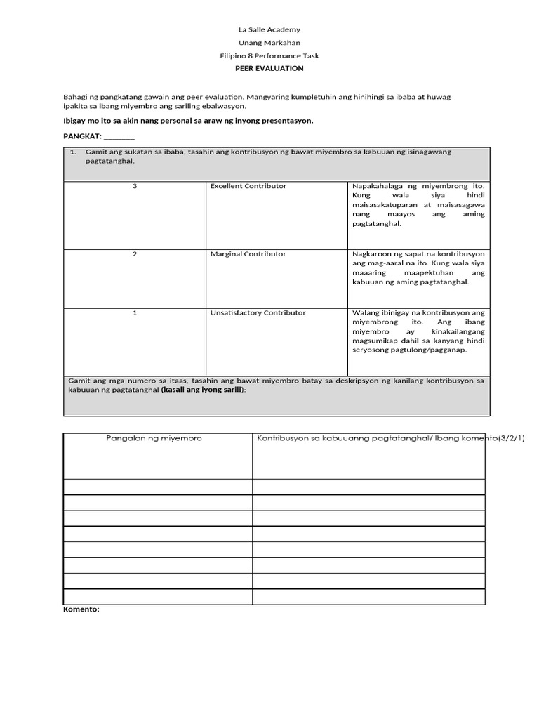 Peer Evaluation Template (Filipino 8) | PDF