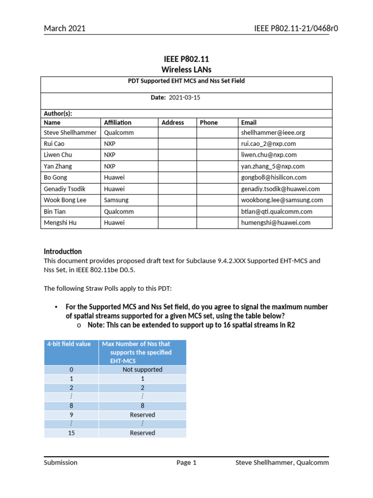 Supported EHT MCS and Nss Set Field | PDF | Computing | Wireless