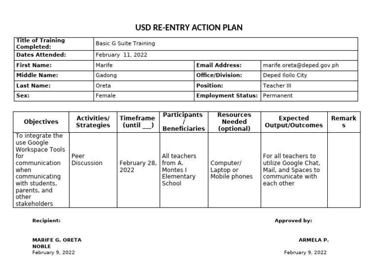 USD Re-Entry Action Plan for Teachers | PDF