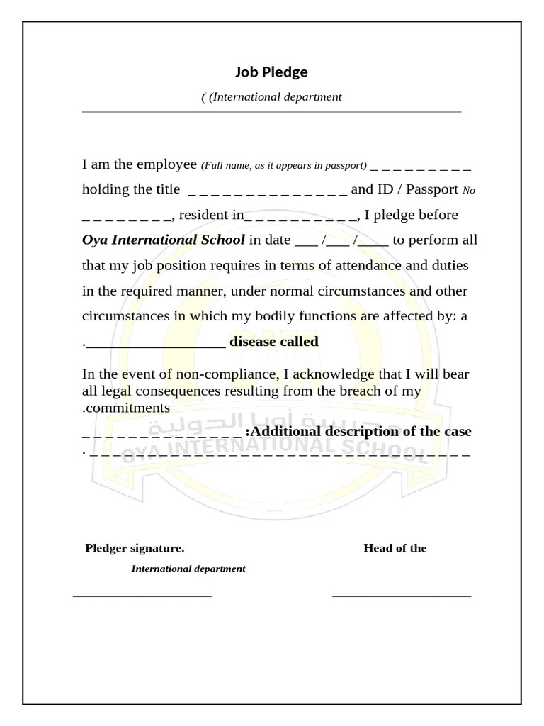 Job Pledge for Oya International School | PDF
