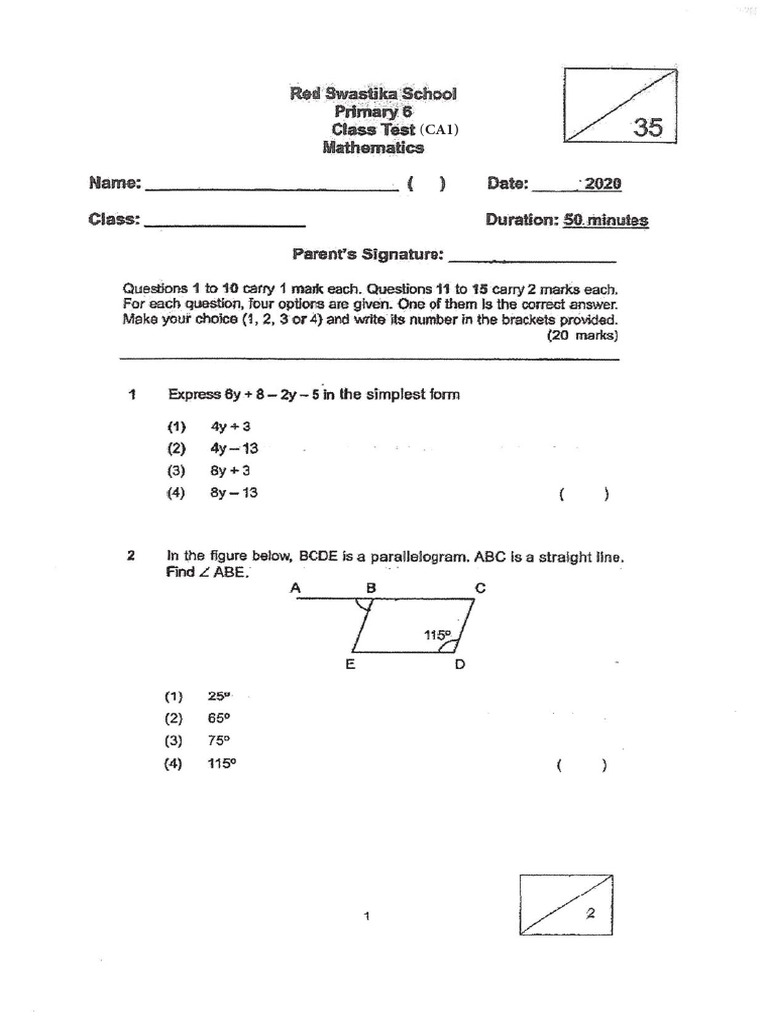 P6 Maths 2020 CA1 Red Swastika Exam Paper | PDF