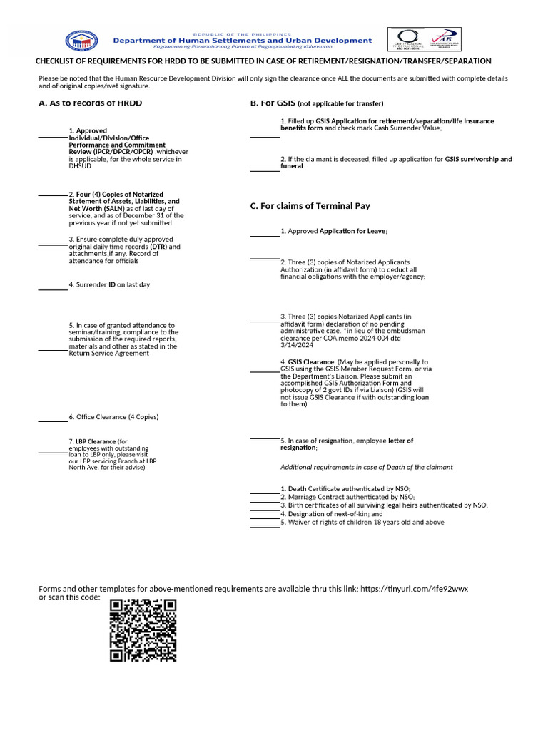 Checklist of Requirements in Case of Retirement Resignation Transfer ...