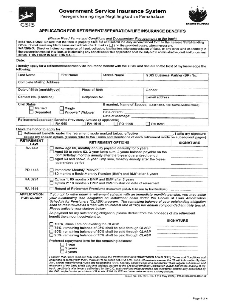 Gsis Application For Separation Retirement | PDF