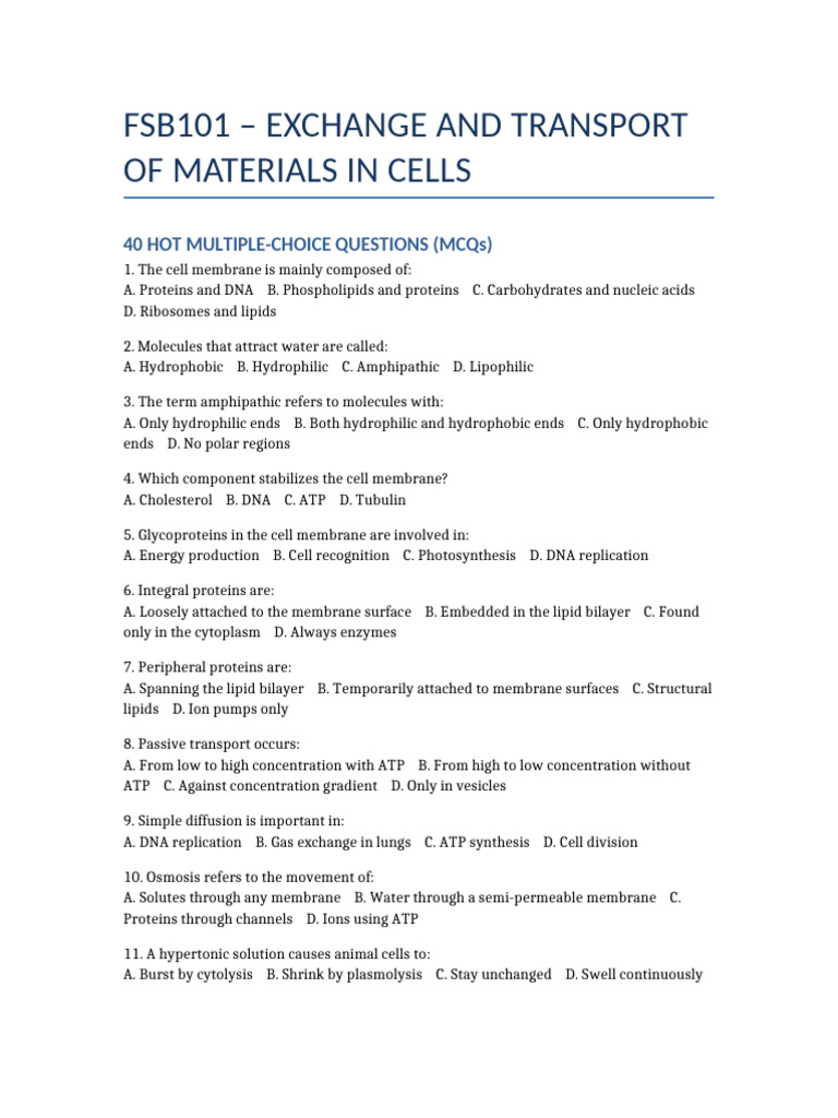 Exchange and Transport of Materials in Cells 40 HOT MCQs | PDF | Cell ...