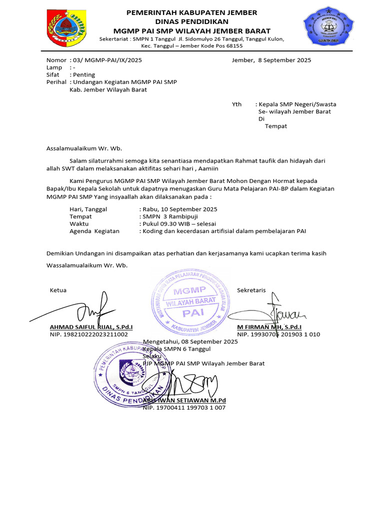 Undangan MGMP PAI 10 September 2025 | PDF
