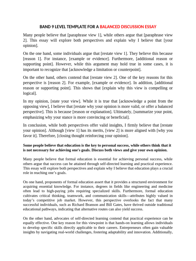 Band 9 Level Template For A Balanced Discussion Essay | PDF ...