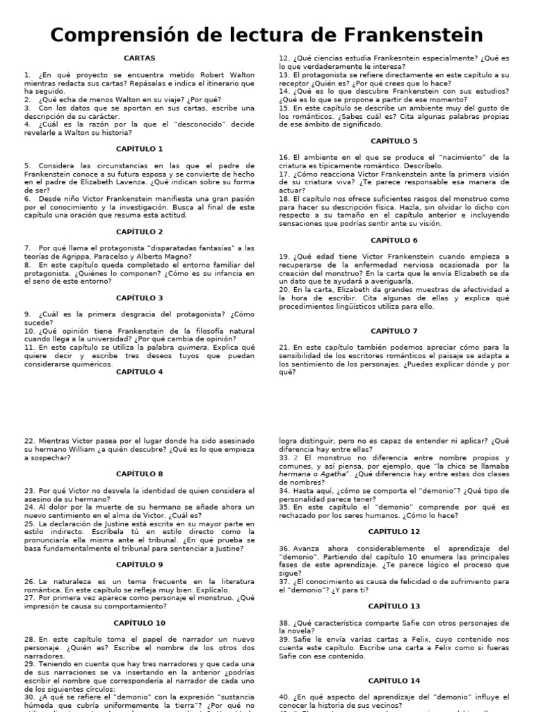 Comprensión de Lectura de Frankenstein | PDF | Frankenstein | Demonios