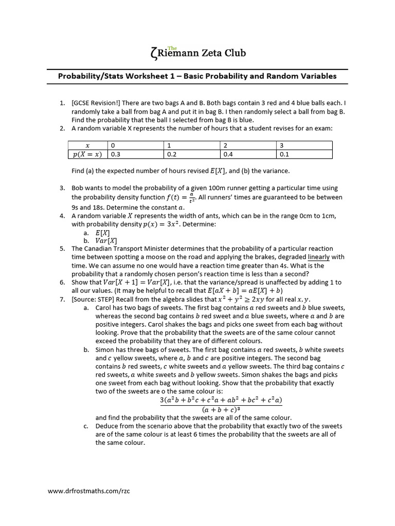 Basic Probability and Random Variables Worksheet | PDF | Probability ...