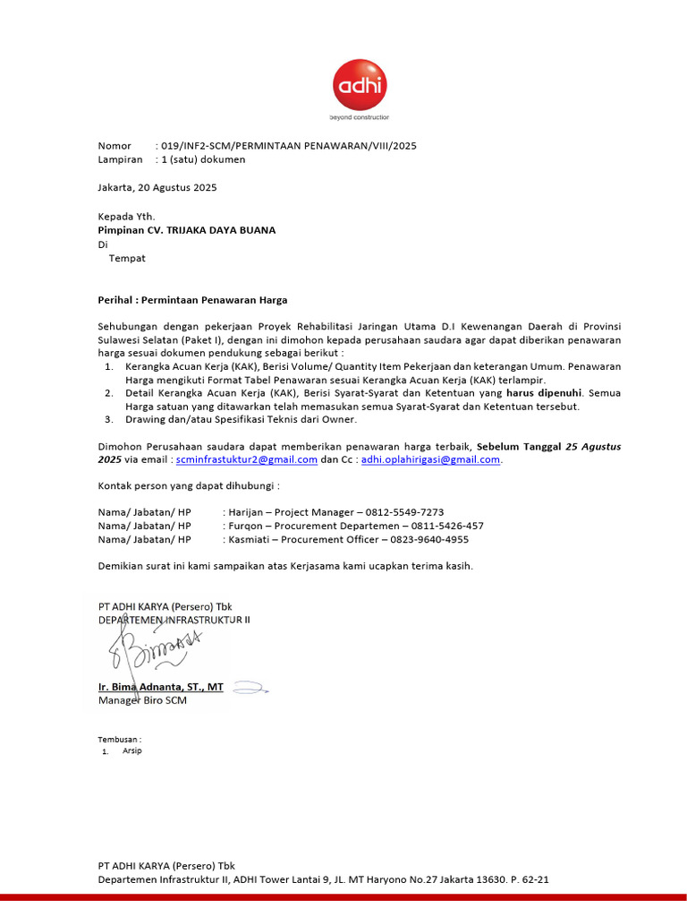 Surat Permintaan Penawaran - CV Trijaka Daya Buana | PDF