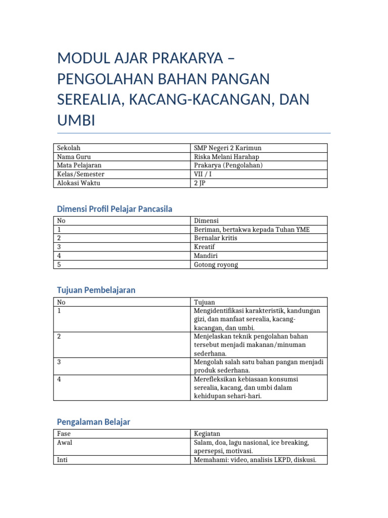 Modul Ajar Pengolahan Serealia Kacang Umbi Tabel | PDF