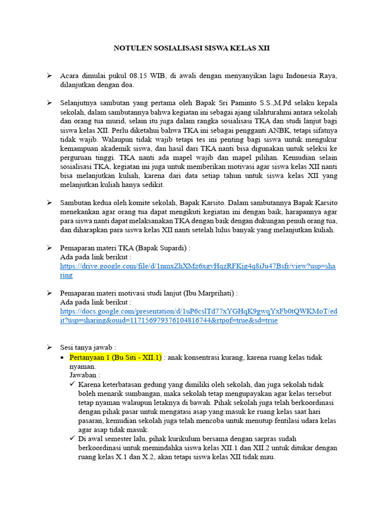 Notulen Sosialisasi Siswa Kelas Xii | PDF