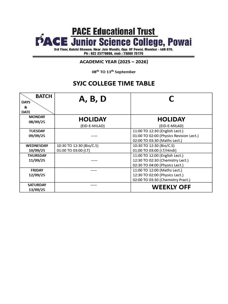 SYJC College Timetable 2025-2026 | PDF
