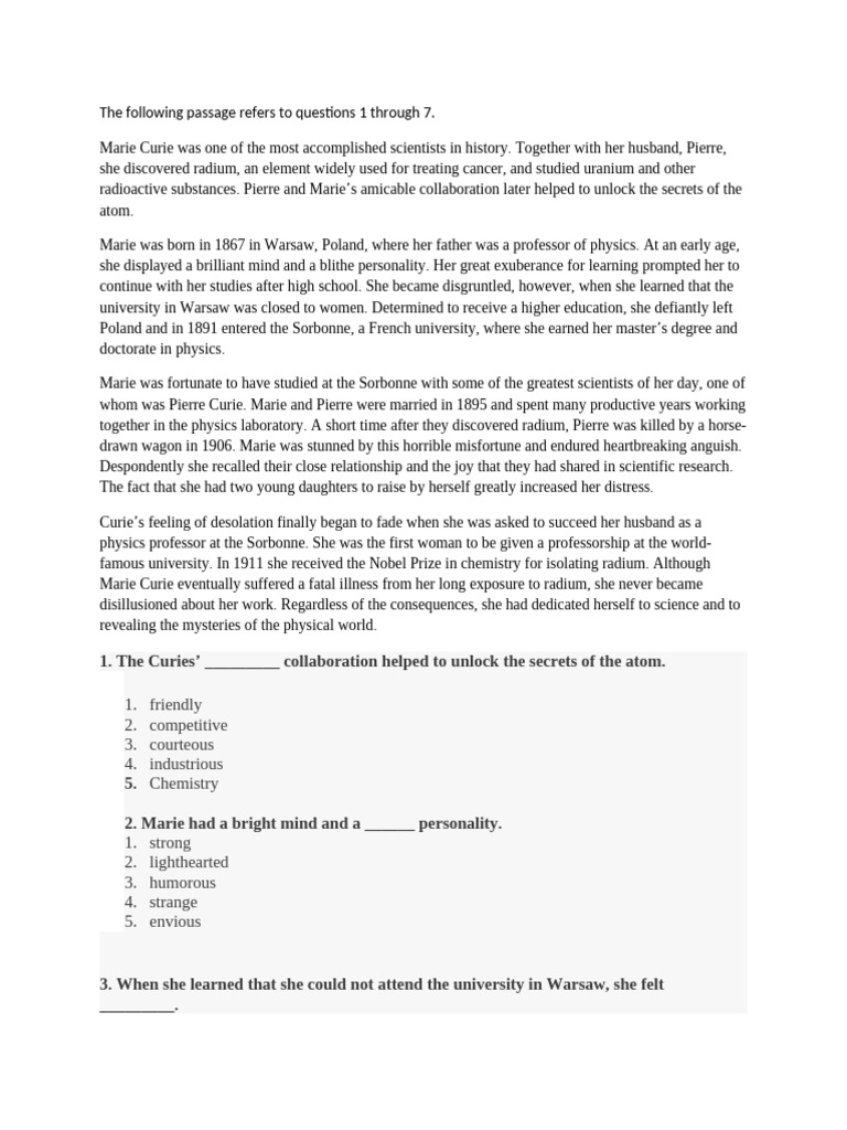 Reading Comprehension Practice Test 2 | PDF | Marie Curie