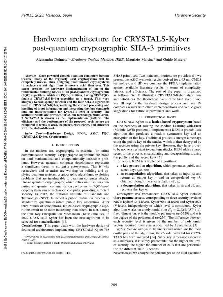 Hardware Architecture For CRYSTALS-Kyber Post-Quantum Cryptographic SHA-3 Primitives | PDF | Key ...