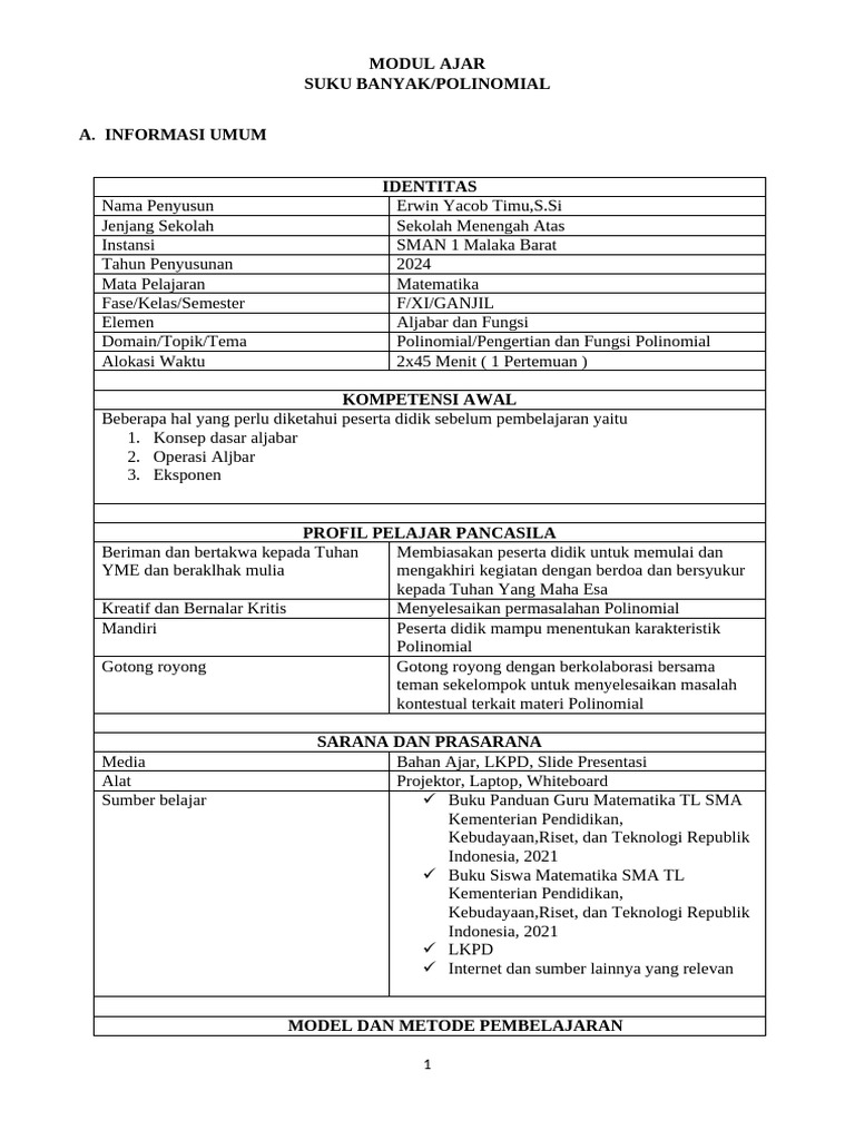 Modul Ajar Dan LKPD Polinomial Pertemuan 1 | PDF