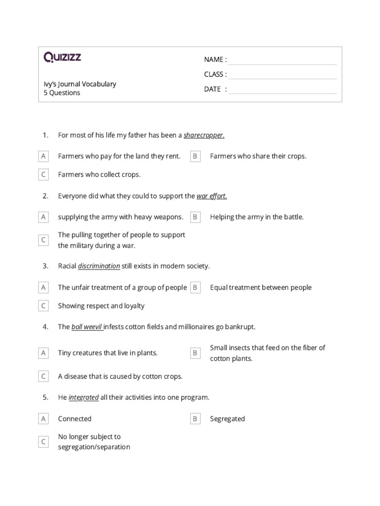 Vocabulary Quiz for Ivy's Journal | PDF