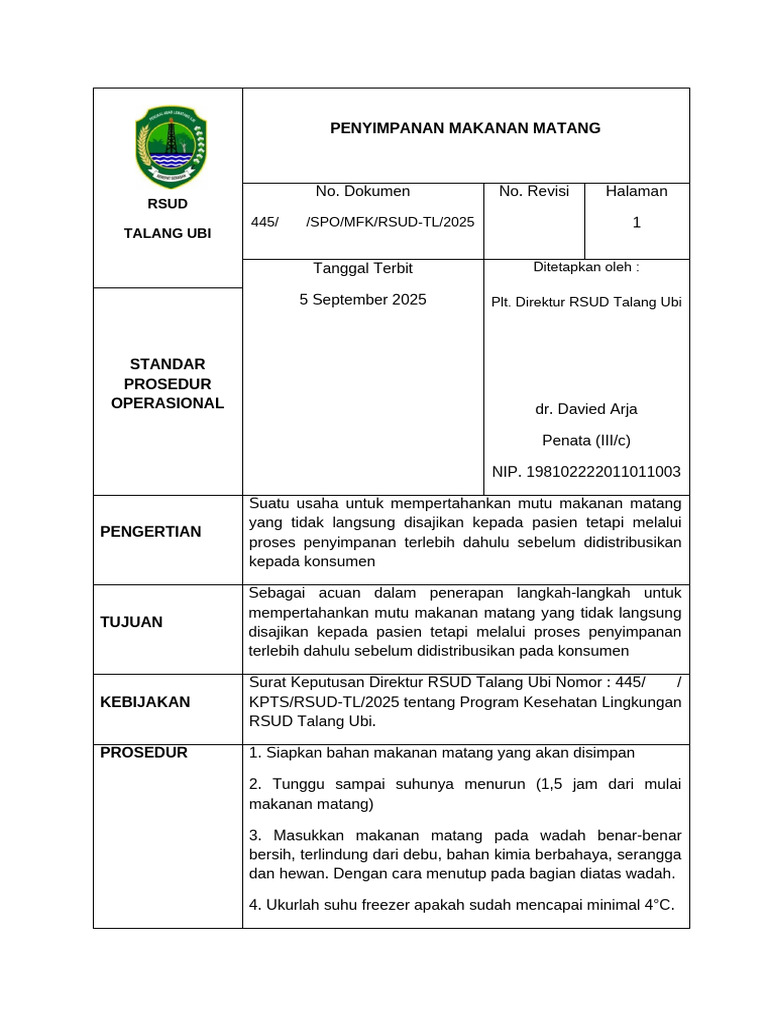 Prosedur Penyimpanan Makanan Matang RSUD | PDF