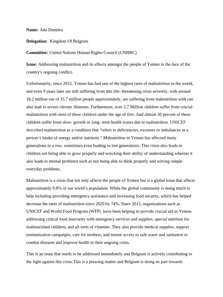 Position Paper GWAMUN, UNHRC Belgium | PDF | Malnutrition | World Food ...