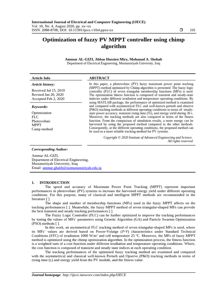 Optimization of Fuzzy PV MPPT Controller Using Chimp Algorithm | PDF | Photovoltaics | Electricity