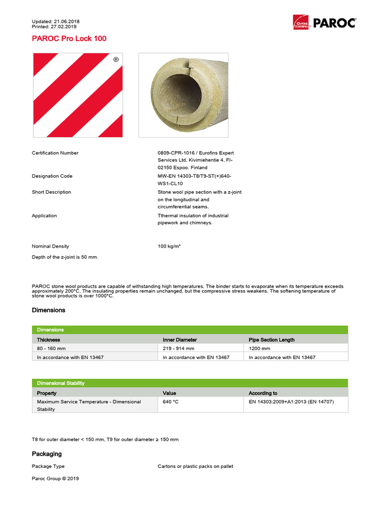 PAROC Pro Lock 100 Insulation Data Sheet | PDF | Thermal Insulation ...