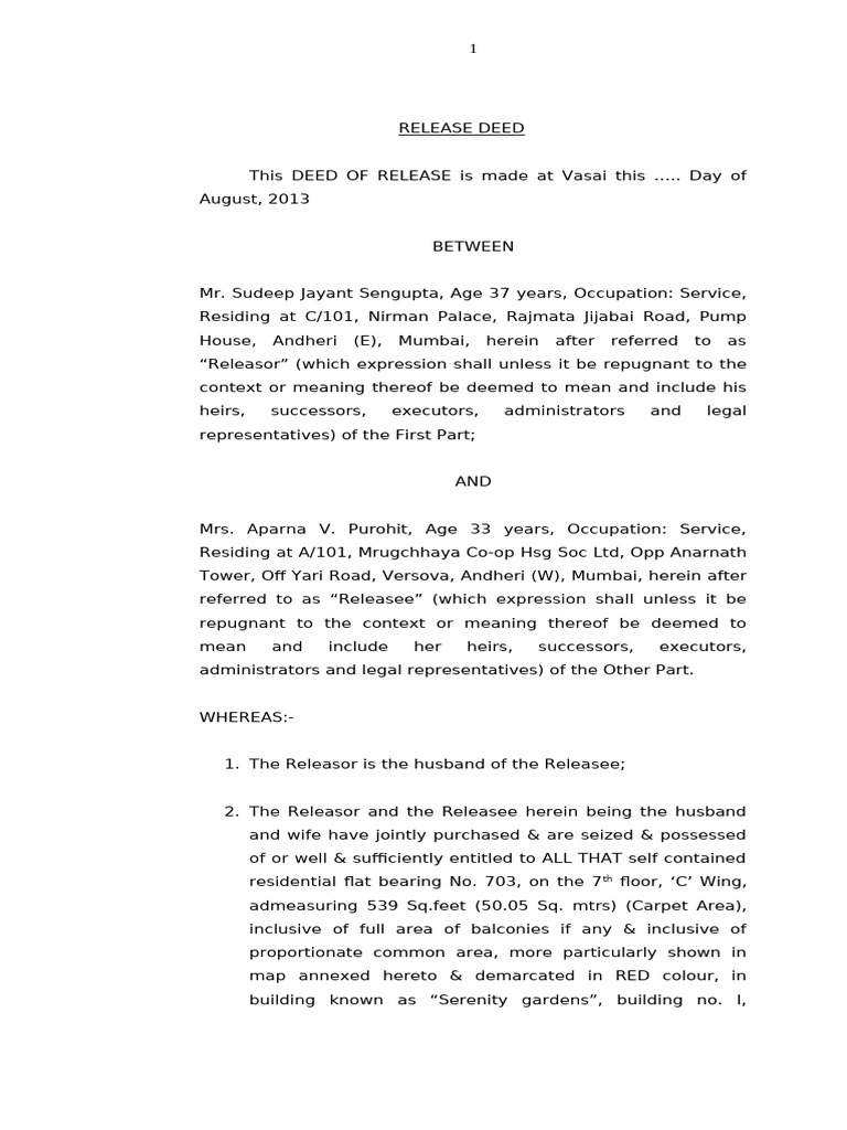 Deed of Release Aparna Purohit | PDF | Common Law | Private Law