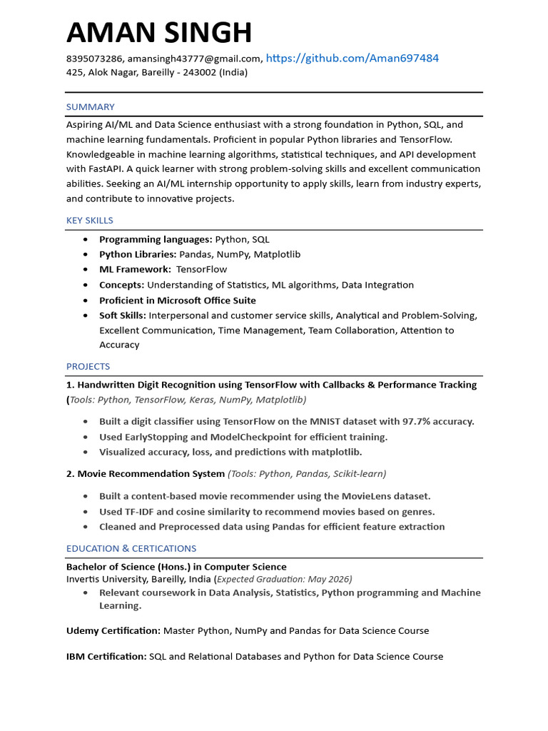 Aman Singh: Tools: Python, Tensorflow, Keras, Numpy, Matplotlib) | PDF