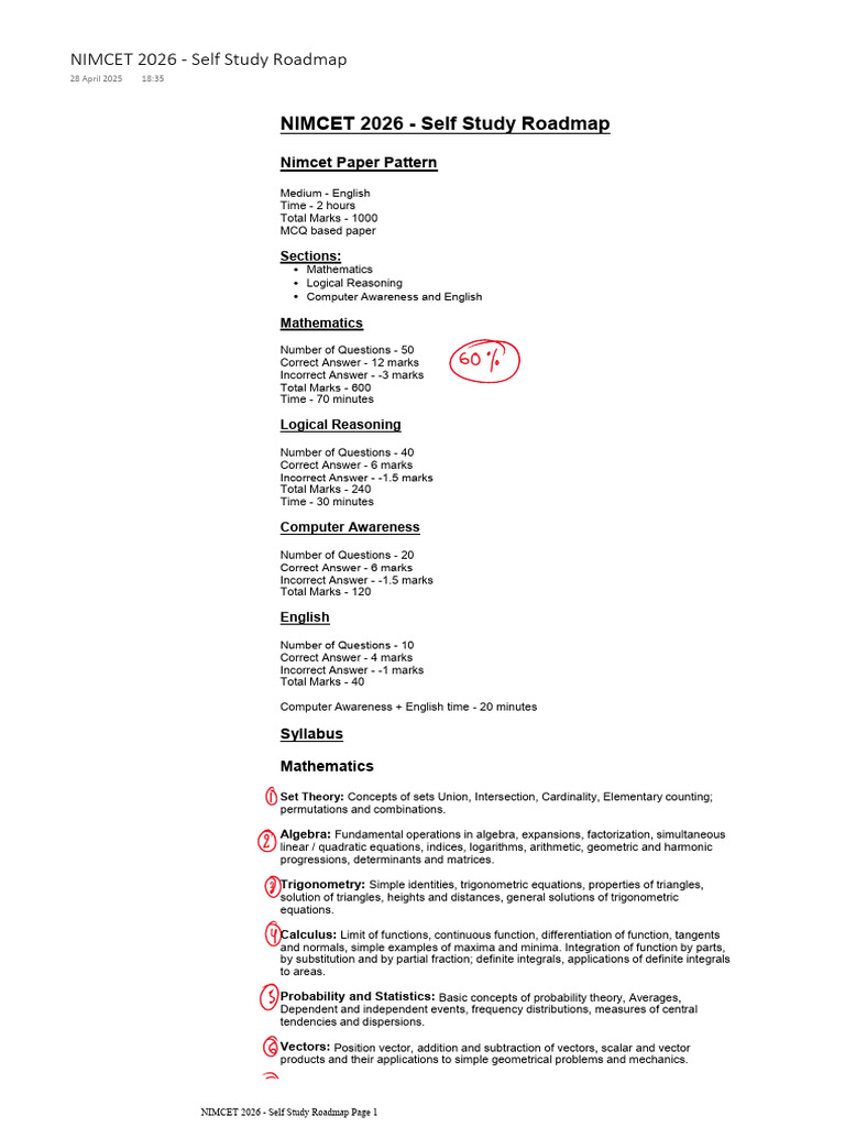 NIMCET 2026 - Self Study Roadmap | PDF | Vector Space | Integral