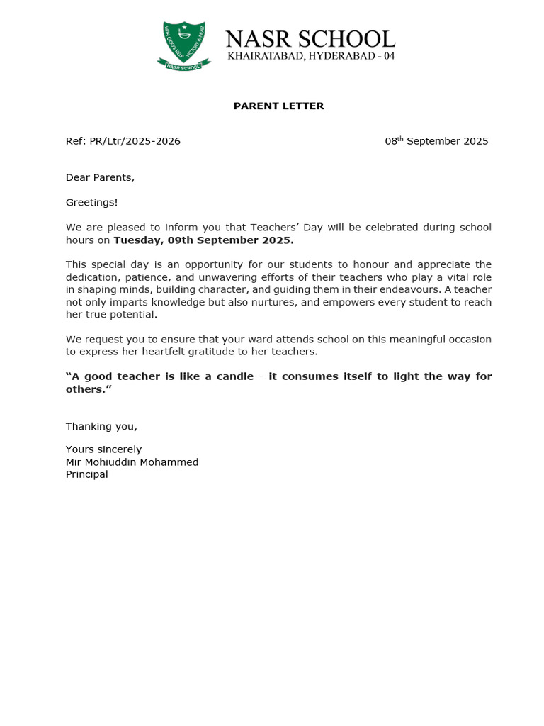 Parent Letter - Teachers' Day Celebrations | PDF