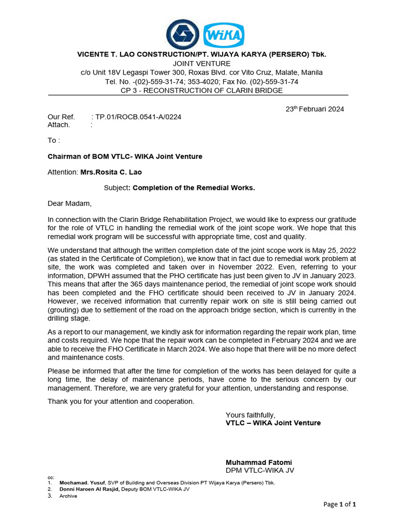Letter To VTLC Completion Remedial Work | PDF