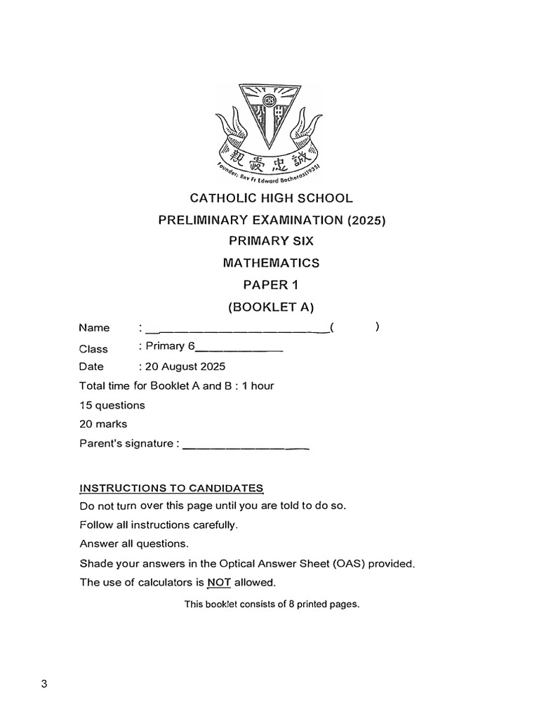 P6 Maths Prelim 2025 CatholicHigh Exam Papers | PDF