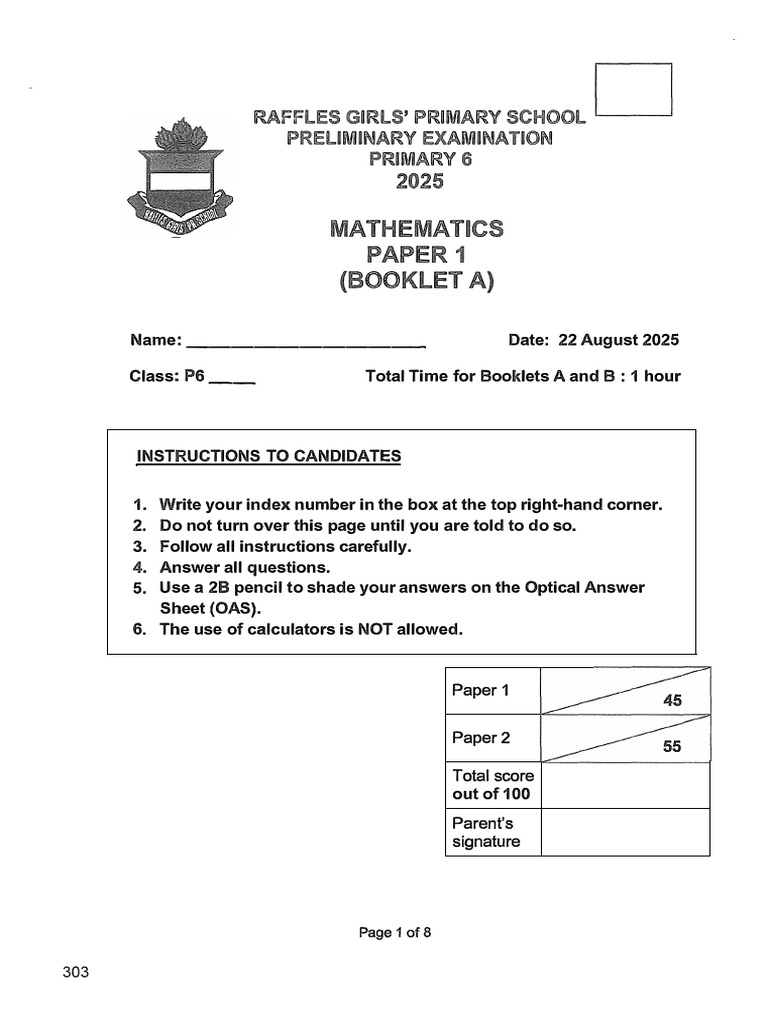 P6 2025 Math Preliminary Exam Paper 1 | PDF