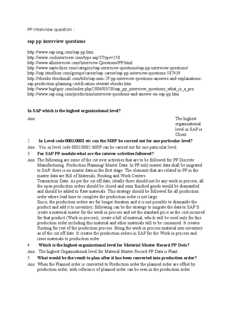 Sap Pp Interview Questions Pdf Scheduling Production Processes