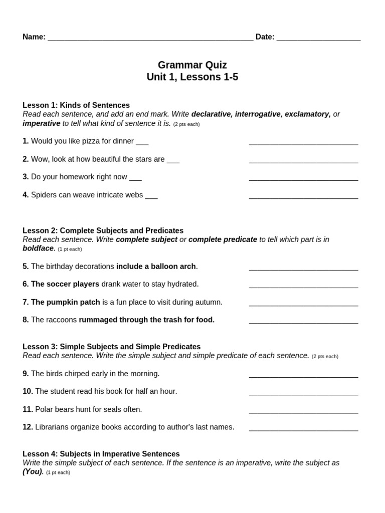 Grammar Quiz Unit 1, Lessons 1-5: Declarative, Interrogative, Exclamatory, Imperative | PDF