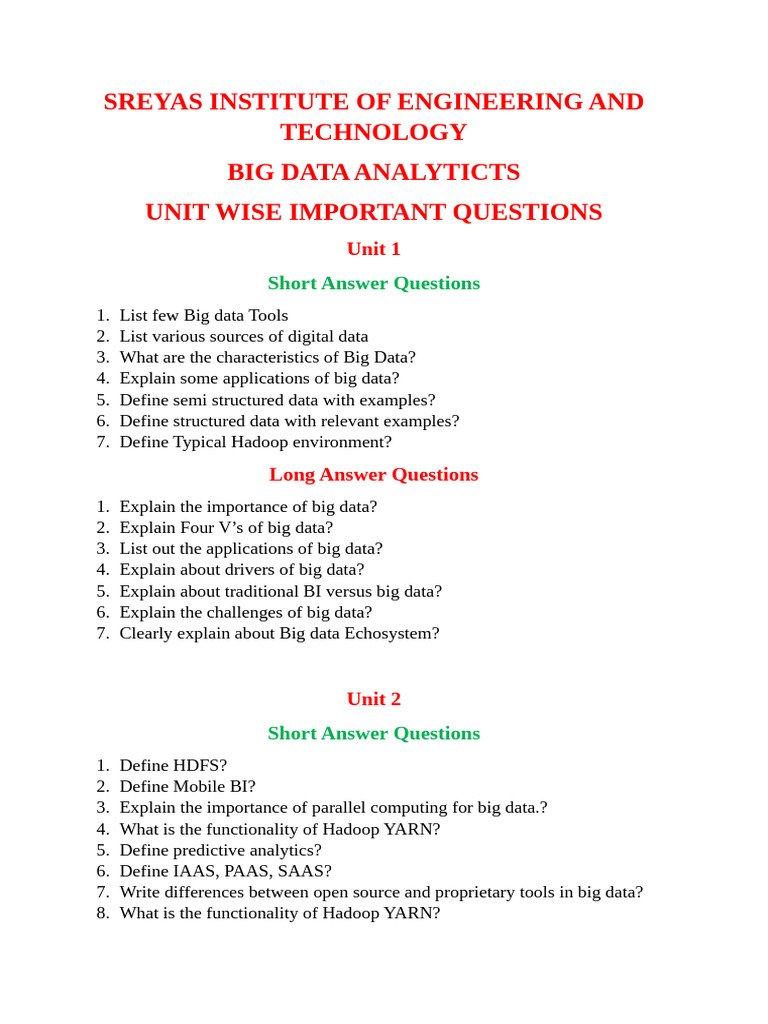 Unit Wise Important Questions | PDF | Apache Hadoop | Big Data