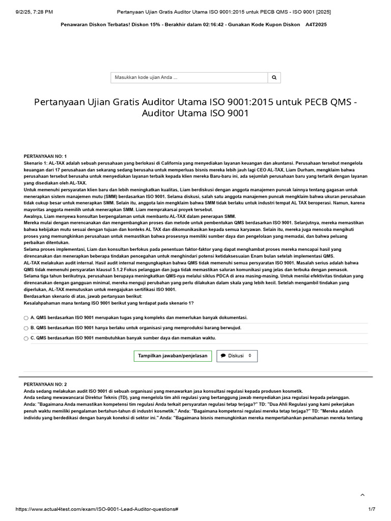 Pertanyaan Ujian Gratis Auditor Utama ISO 9001_2015 Untuk PECB QMS - IsO 9001 [2025] | PDF