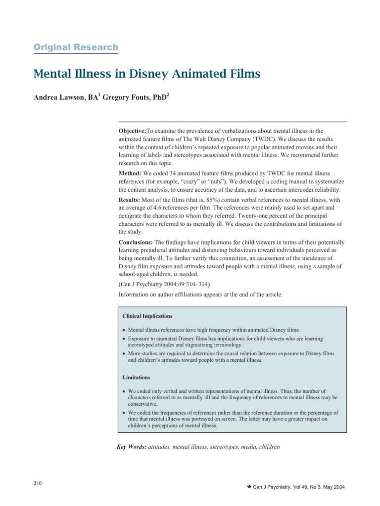 Mental Illness in Disney Films Analysis | PDF | Mental Disorder ...