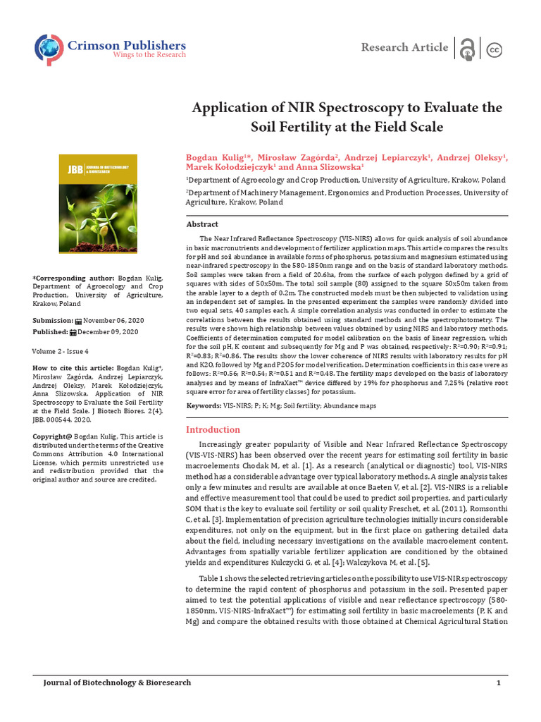 NIR Spectroscopy for Soil Fertility Analysis | PDF | Coefficient Of ...